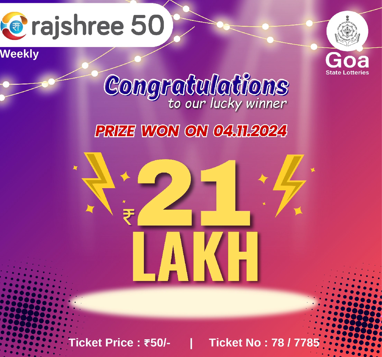 Goa Rajshree 50 Shani Weekly Lottery Results - Full Winners List